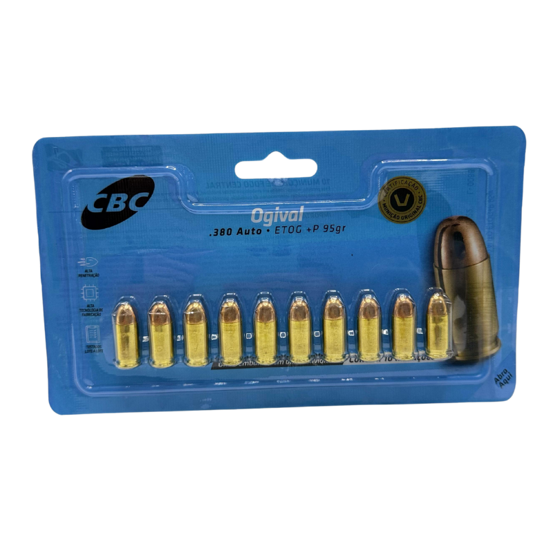 MUNIÇÃO CBC .380 AUTO ETOG +P 95GR OGIVAL - BLISTER COM 10 UNIDADES ...
