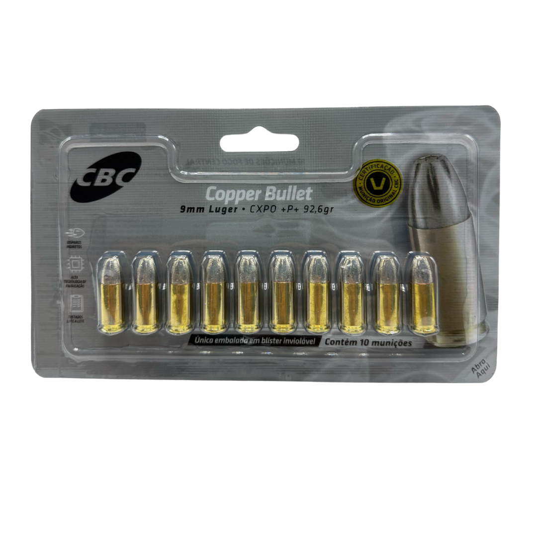 MUNIÇÃO CBC COPPER BULLET 9MM LUGER CXPO +P+ 92,6GR - BLISTER COM 10 ...