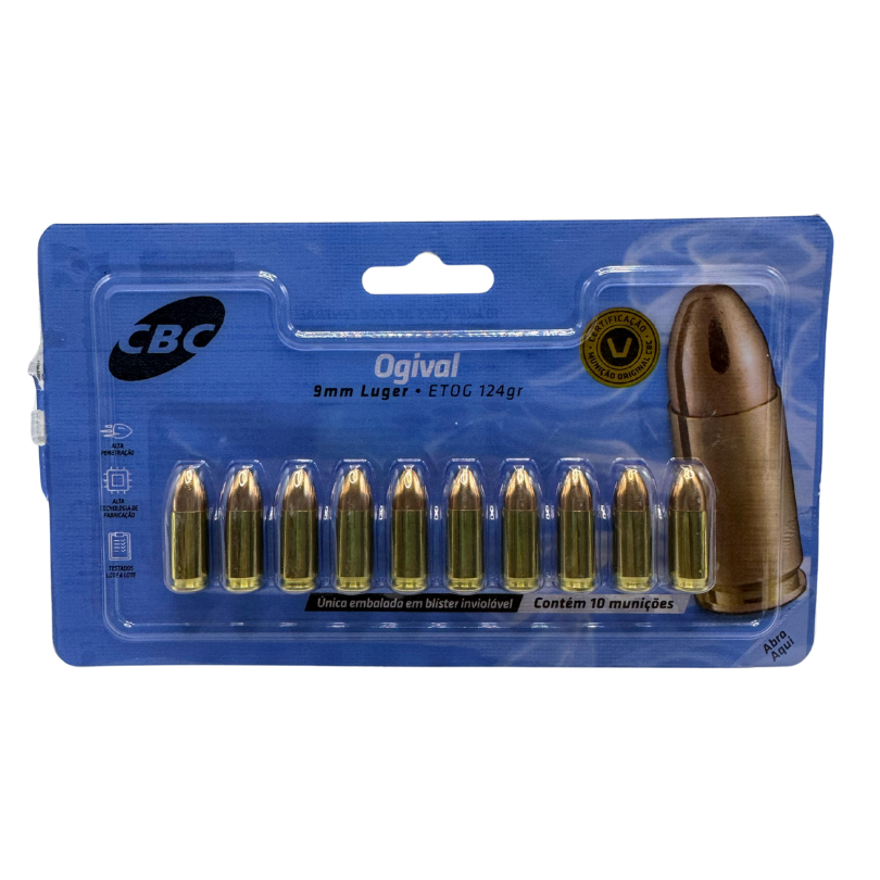 MUNIÇÃO CBC 9MM LUGER ETOG 124GR OGIVAL - BLISTER COM 10 UNIDADES ...