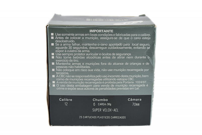 MUNIÇÃO CBC CALIBRE 12 36G CHUMBO 6 SUPER VELOX AEL | Casa do Tiro